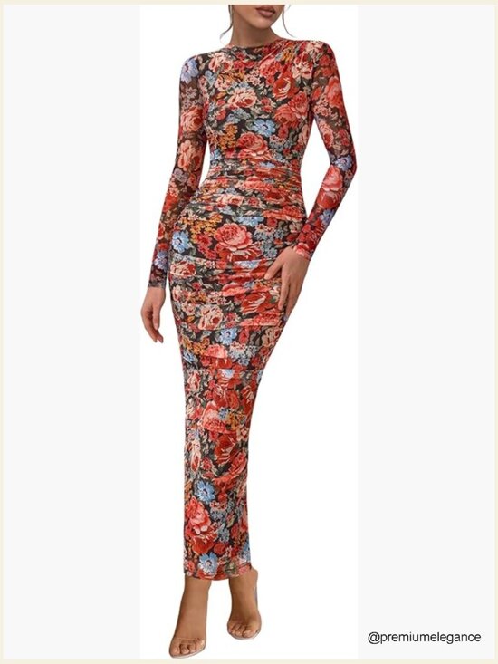 Dresses | Long Sleeve Maxi Dress Ruched Bodycon Mesh Formal Wedding ...